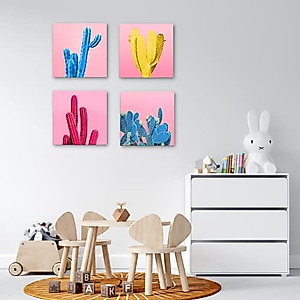 Creoate Pink Cactus Wall Art for Living Room Decor, 4 Panels Tropical Plant Picture Framed Canvas Print Artwork Set Wall Decor…