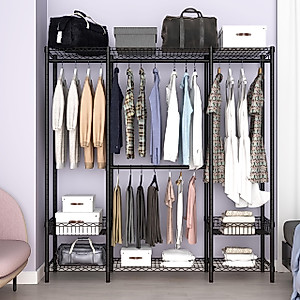 Xiofio Heavy Duty Clothes Rack,Multi-Functional Clothing Rack Freestanding Bedroom Garment Rack for Hanging Clothes,Adjustable Shelf and Fixed Baskets,55" L x 15.7" W x 75" H Max Load 800LBS,Black