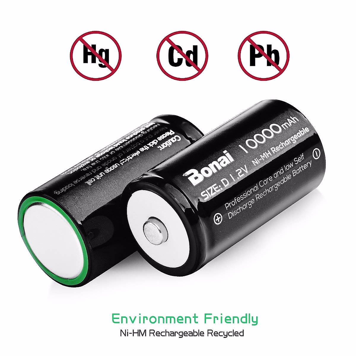 BONAI LCD Universal Battery Charger for AA, AAA, C, D, 9V Ni-MH Ni-CD Rechargeable Batteries with Rechargeable D Cells 10,000mAh 1.2V Ni-MH High Capacity High Rate D Size Battery (4-Counts)