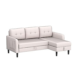 PEIHONGET Sectional Sleeper Sofa with Pull Out Bed, 3-Seater Sofa Couch with Storage Modern L-Shaped Sofa Bed with Chaise Lounge for Small Spaces, Living Room(Beige+Polyester)