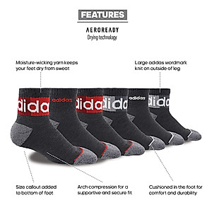 adidas Boys' Youth Blocked Linear II 6-Pack Quarter, Black/Onix Grey/Scarlet Red, Large