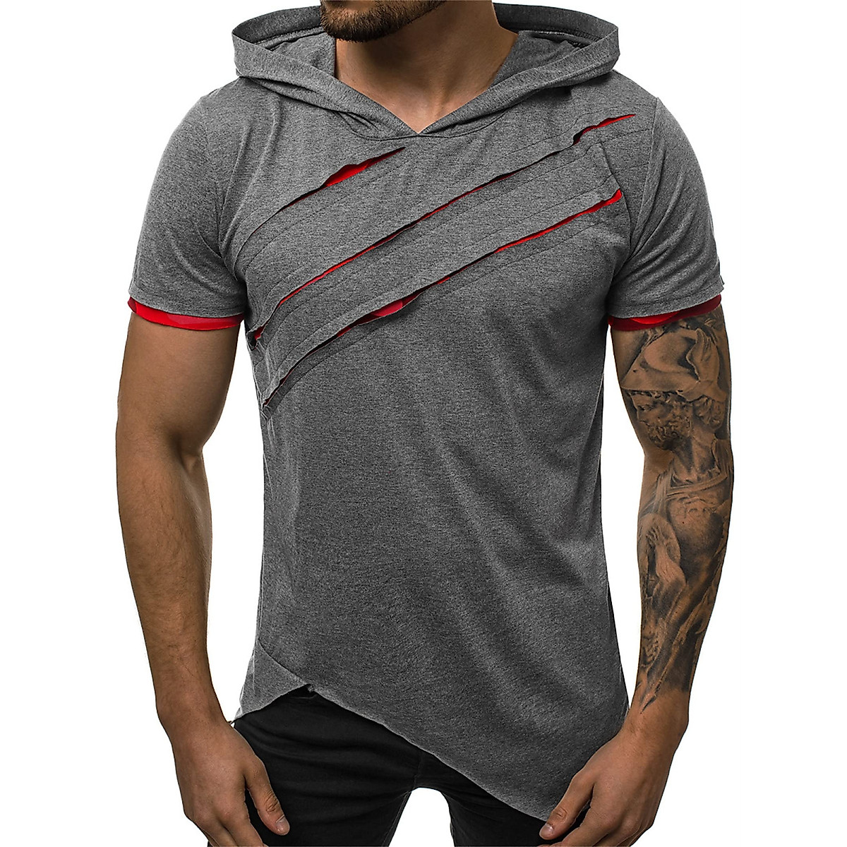Maiyifu-GJ Men's Hip Hop Ripped Hoodie Tops Short Sleeve Hooded Workout Sweatshirts Casual Gym Hoodies T-Shirt Pullover (Dark Grey,Medium)