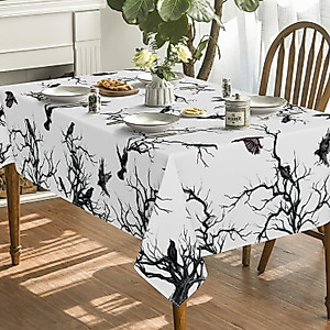 Horaldaily Halloween Tablecloth 60x84 Inch Rectangular, Crow Tree Washable Table Cover for Party Picnic Dinner Decor