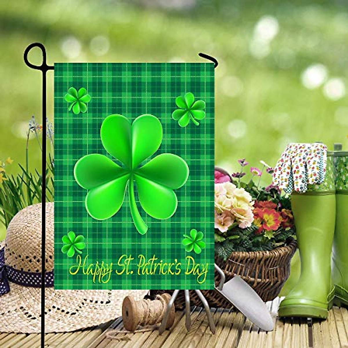 St Patricks Day Garden Flag,Happy St Patrick's Day Flag Double Sided 12x18, Shamrock Green Buffalo Plaid Outdoor Flags Lucky Clovers Happy St Patty's Day Irish House Flag Yard Banners for Home Lawn