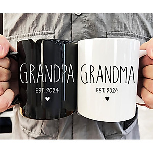 FALJIOK 2Pcs Grandparent Coffee Mugs 11oz Est 2024 Set, 2024 Best Congratulatory Gifts for Grandparent Mom Dad, Christmas Birthday Thanksgiving Gifts for Grandma Grandpa Black & White