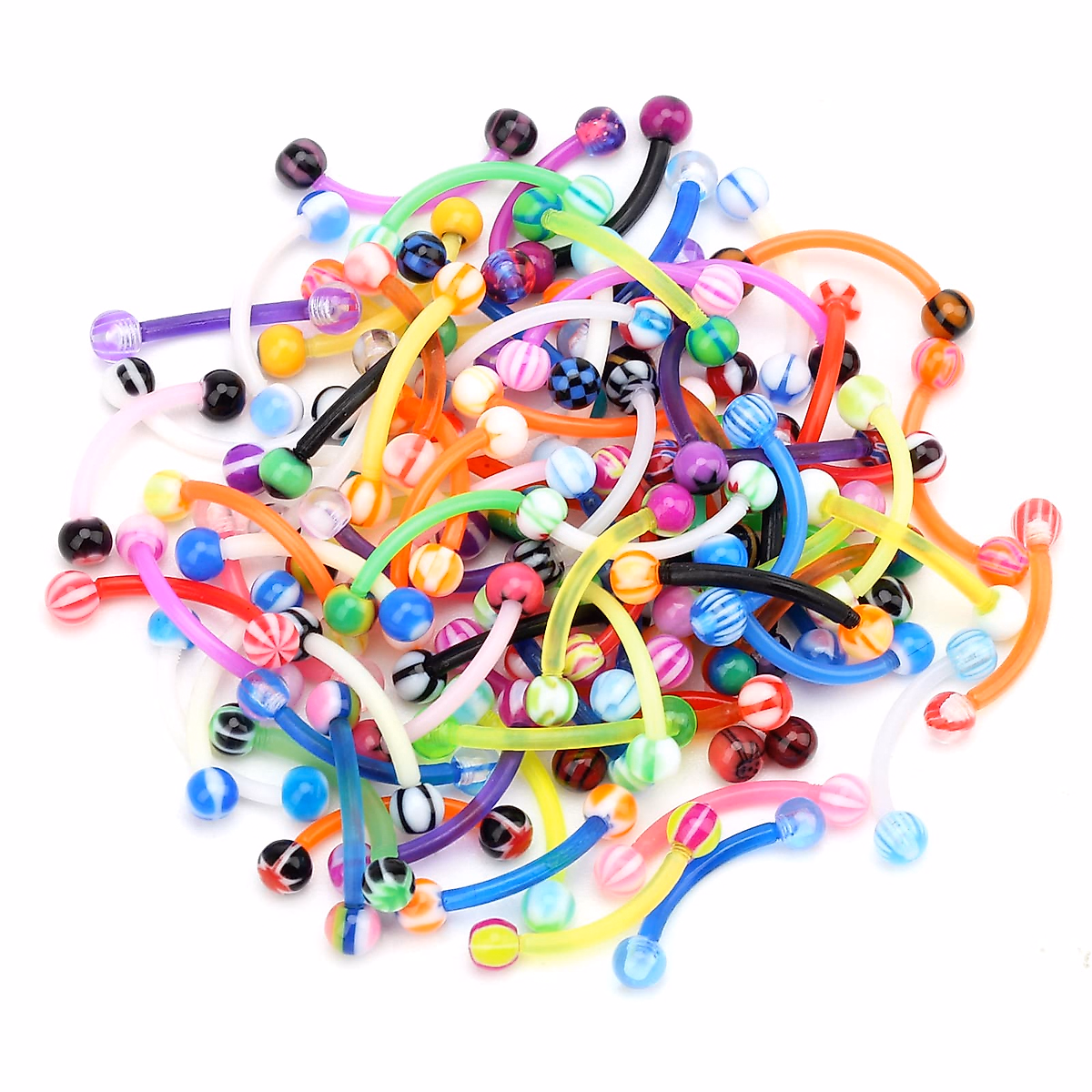 CrazyPiercing Colorful Ball Acrylic Flexible Curved Bar Eyebrow Rings Tragus Piercing Jewelry, 50Pcs, 16G