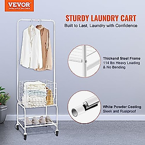 VEVOR Metal Rolling Laundry Basket with Hanging Garment Rack, Laundry Hamper Cart Adjustable Height with Basket Load and Shelf Load, Storage Organizer with Heavy Duty Lockable Wheels