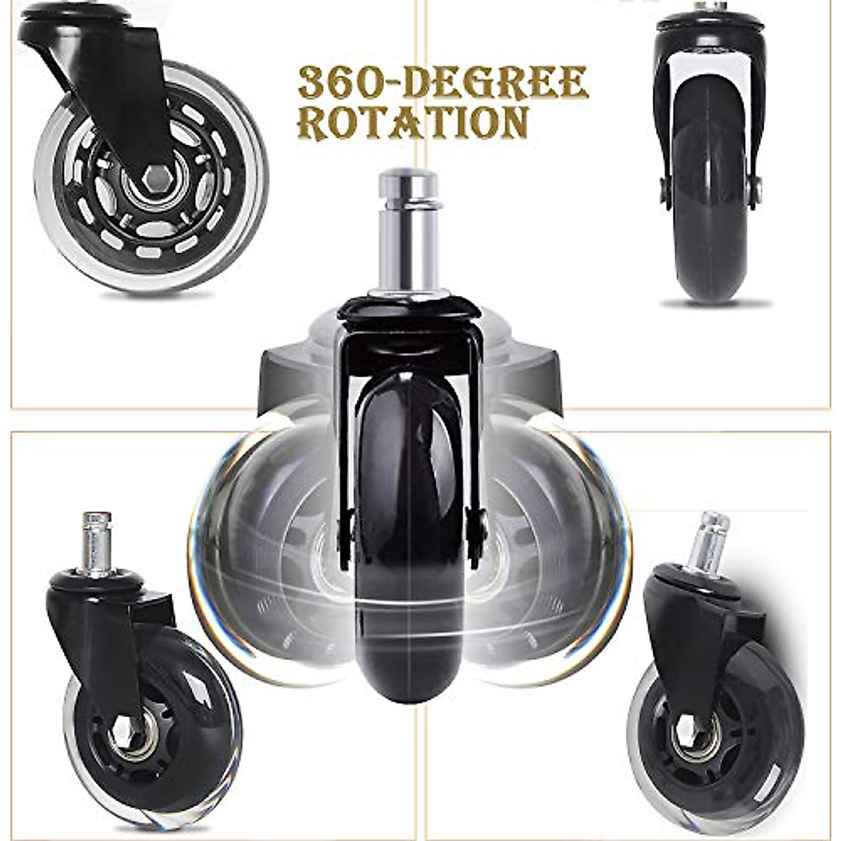 Home Office Chair Wheels for IKEA Chair, WASJOYE Set of 5 Rolling Chair Replacement Casters, Heavy Duty Gaming Computer Desk Rubber Caster for Hardwood Tile Carpet Floor Protection