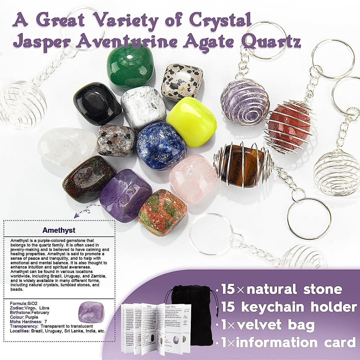 Gemstones Party Favors for Kids Prize Box Birthday Party Supplies,Classroom Rewards Goodie Bag Fillers,15 Pack Natural Stone&Crystal with Keychains for Kids Backpack,Educational Geographic Gift
