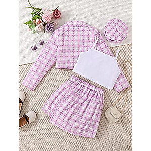 SOLY HUX Girl's Plaid Print Cami Crop Tops and Bodycon Mini Skirt with Blazer Outwear & Hat 4 Piece Outfit Purple and White 9Y