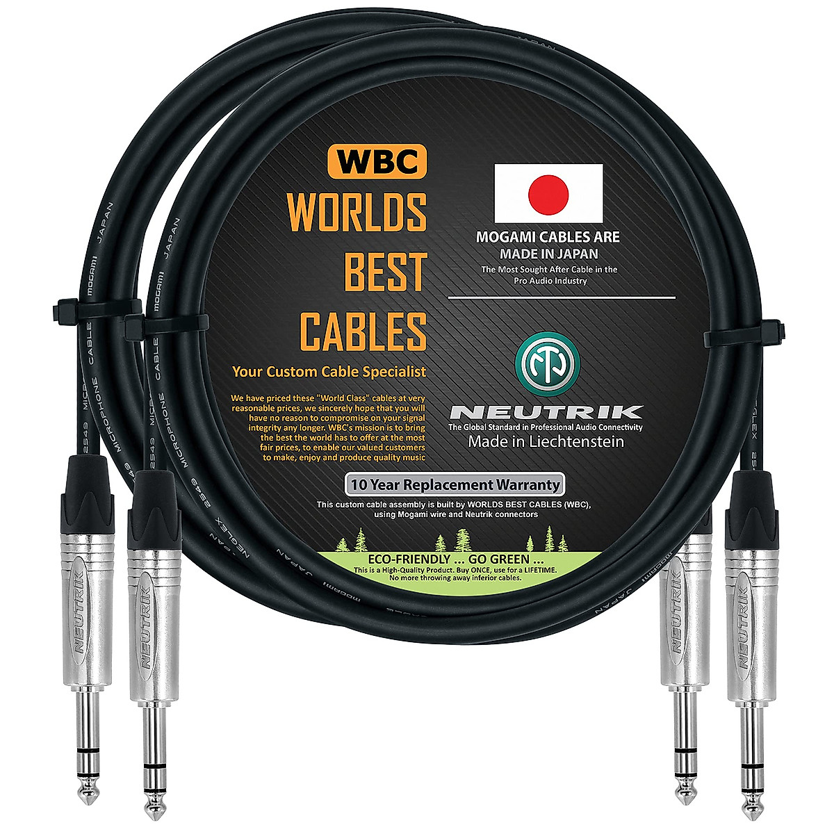 WORLDS BEST CABLES 2 Units - 6 Foot - Balanced TRS Patch Cable Custom Made Using Mogami 2549 (Black) Wire and Neutrik NP3X TRS Stereo Plugs