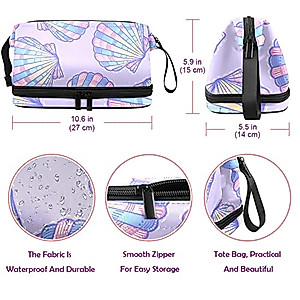 Double Layer Cosmetic Bag Travel Makeup Organizer with Brush Compartment, Roomy Toiletry Bag Makeup Brush Bags for Women and Girls - Beautiful Rainbow Peal Shell