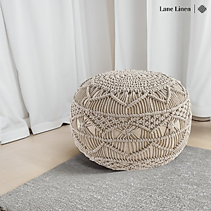 LANE LINEN Pouf Ottoman - Hand Knitted Ottoman Foot Rest, Large Round Pouf, Poufs for Living Room, Bean Bag Ottoman, Floor Pouf, Macrame Chair - 20 Diameter x 14 Height - Mystic Pure Natural
