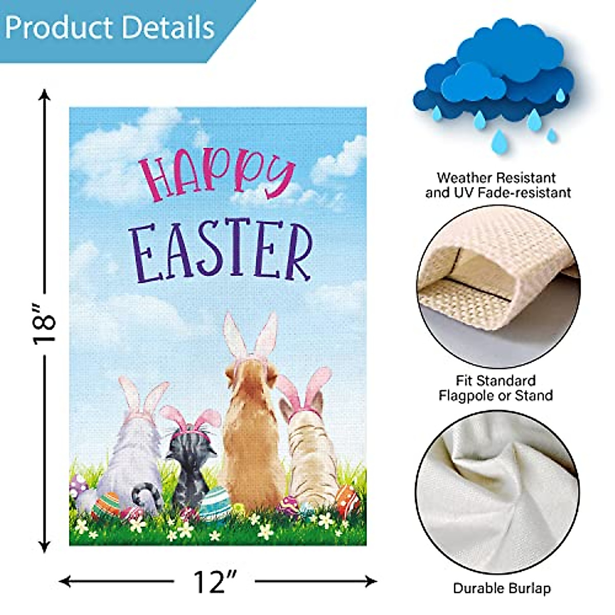 Happy Easter Garden Flag 12x18 Double Sided Vertical, Burlap Small Cat Dog with Rabbit Ear Easter Flag Sign Welcome Spring Outdoor Outside Decorations (ONLY FLAG)