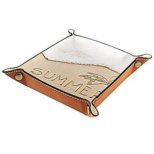 WALLDOR Foam Palm Tree Sand Summer Leather Valet Tray Organizer for Wallets Watches Keys Coins Cell Phones and Office Equipment,16x16cm