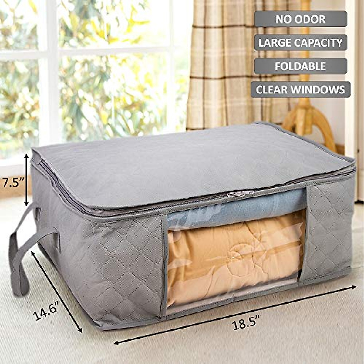 Ecomigo Foldable Storage Bag Organizers - Large Clear Window, Reinforced Carry Handles, Sturdy Zipper - Perfect for Clothes, Blankets, Bedrooms, Closets and More (3-Pack, Gray)