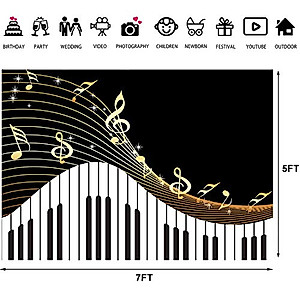 Piano Theme Backdrop for Photography Golden Musical Notes and Piano Keyboard Background for Kids Birthday Party Art Studio Photo Banner Props 7x5ft