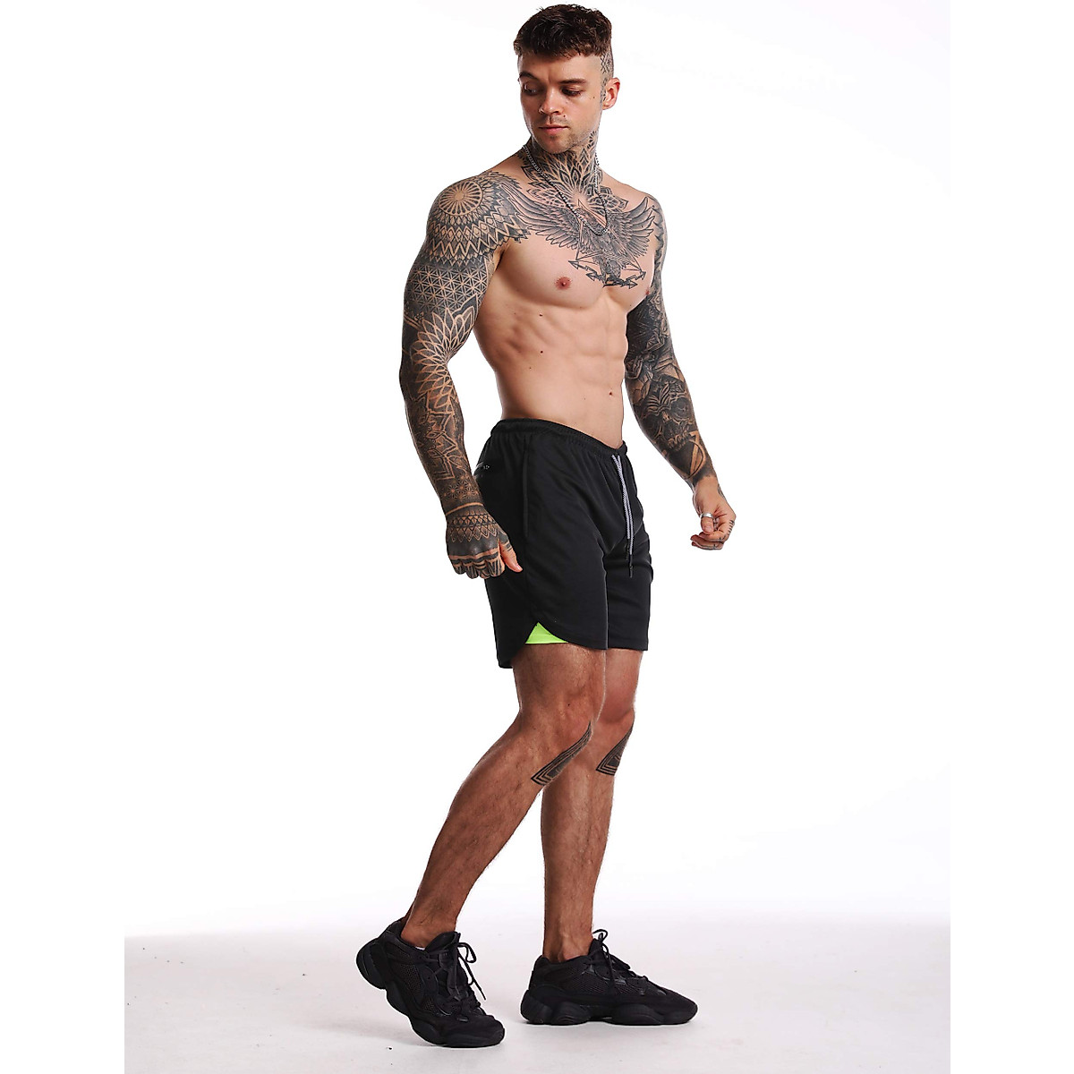 FLYFIREFLY Men's 2-in-1 Workout Running Shorts 7" Lightweight Gym Yoga Training Sport Short Pants Yellow Camo