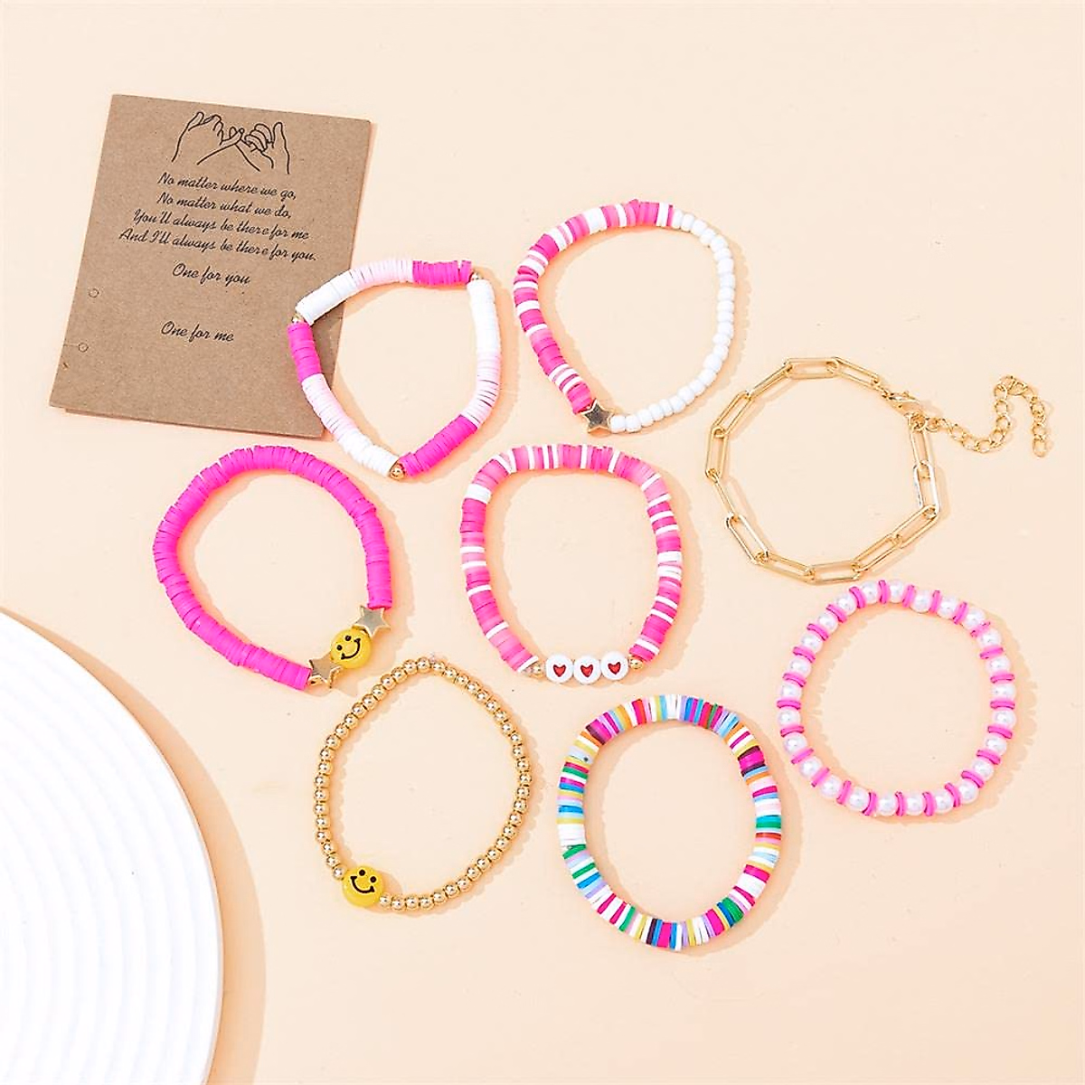 Kicomvi Surfer Bracelets Colorful Clay Happy Smile Evil Eye Beaded Stackable Bracelet Bohemia Multicolor Polymer Clay Gold Ball Bead Stretch Bracelets for Women Summer Beach Jewelry-Pink