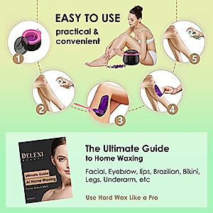 DELEXI All-in-one At Home Waxing Kit for Women +5 Pack Salon Quality Hard Wax Beads +Silicone Wax Kit Accessories + Hot Wax Melt Warmer for Hair Removal For Brows, Bikini, Legs & Sensitive skin