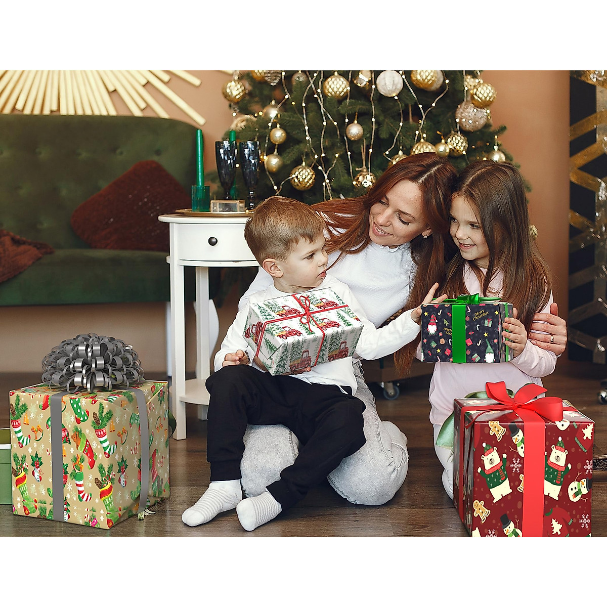 GIOLNIAY Christmas Wrapping Paper for Kids Boys Girls - Wrapping Paper Christmas Bundle with Santa, Green Stockings, Red Truck, Woodland Designs - 6 Jumbo Sheets (28 x 40 inches), Easy to Store