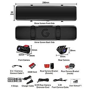 PORMIDO Mirror Dash Cam 12" with Detached Front Camera,Anti Glare Full Touch Split Screen HD 1296P,Car Backup Rear View Mirror Camera Dual Lens with Sony Sensor,Super Night Vision,Parking Assistance