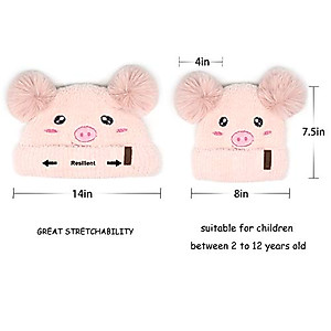 Kids Winter Beanie Knitted Hats for Girls Boys Toddler Baby, Pig Cartoon Animal Faux Fur Double Pom Pom Bobble Warm Soft Fleece Cute Infant Stocking Cap For Children