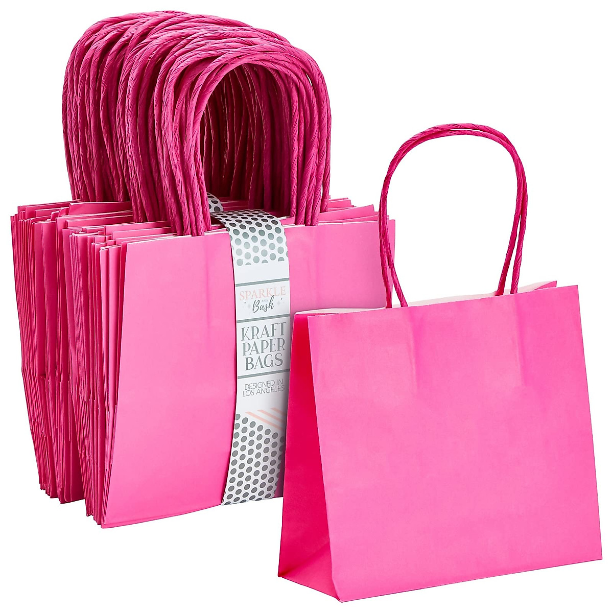 Sparkle and Bash 50 Pack Mini Pink Gift Bags with Handles, Bulk Kraft Party Favor Bags (6 x 5 x 2.5 In)