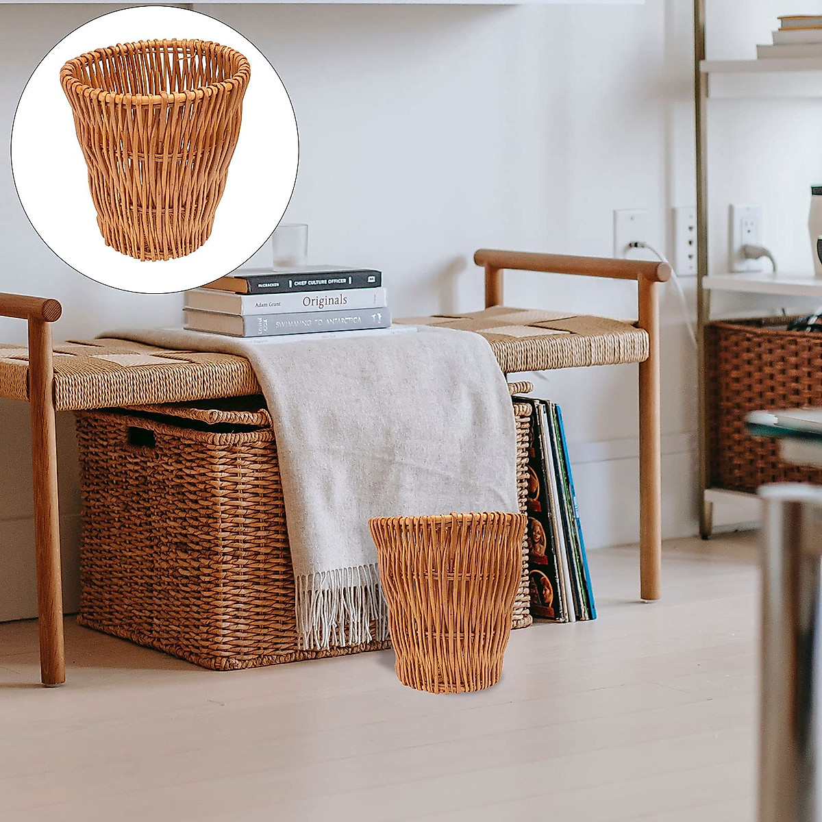 Wakauto Desktop Organizer Wicker Rattan Waste Basket Woven Trash Can Garbage Can Vintage Waste Bin Wastebasket Beige Creative Storage Basket