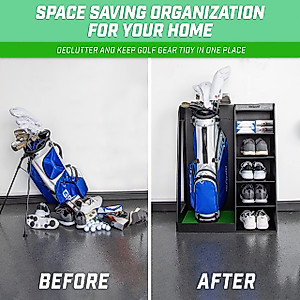 GoSports Premium Wooden Golf Bag Organizer and Storage Rack – Black, Brown, and White