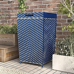 24/7 Shop at Home Locke Coastal Aluminum and All-Weather Wicker Outdoor Trash Can with Lid for Outdoor, Patio, Pool Area, Garden, Navy Blue and White