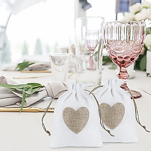 20 Pieces Burlap Bags, 5x7 Inch Drawstring Gift Bags with Heart Hessian Jute Bags Jewelry Candy Pouches for Wedding, Baby Shower and Christmas Party Favors DIY Craft (White)
