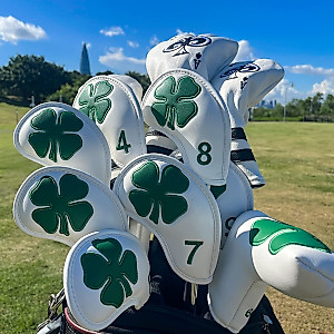Golf Iron Covers,Golf Iron Head Covers Leather Golf Iron Covers Set 10pcs Golf Iron Headcovers,Lucky Clover Golf Club Head Covers for Iron with Magic Tape Fit All Brands Titleist,Callaway,Ping (White)