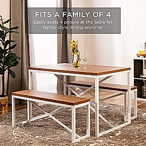 Best Choice Products 45.5in 3-Piece Bench Style Dining Furniture Set, 4-Person Space-Saving Dinette for Kitchen, Dining Room w/ 2 Benches, Table - Brown/White