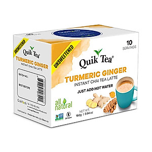QuikTea Unsweetened Turmeric Ginger Chai Tea Latte - 10 Count Single Box - All Natural Preservative Free Authentic Instant Chai from Assam