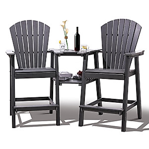 FOOWIN Tall Adirondack Chairs Set of 2，Recycled Poly Balcony Chair with Double Connecting Tray Patio Stools Weather Resistant for Outdoor Deck Lawn Pool Backyard (Double Connecting Tray, Grey)