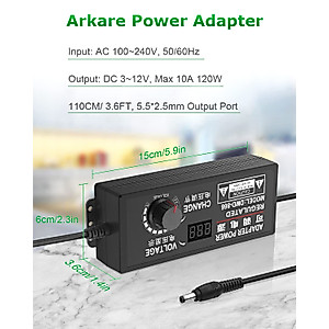 Arkare Universal Power Supply 120W AC Adapter Adjustable Power Adapter 4.5V 5V 9V 12V 10A 8A 6A 5A 3A 1A AC/DC AC 100-240V to DC 4~12V Multi Voltage Switching with 15 Tips & Polarity Converter
