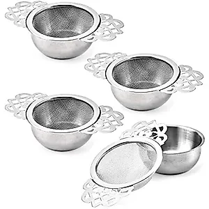 Vankcp 4 Set Tea Strainers with Drip Bowls, Loose Leaf Tea Strainers with Double Winged Handles Extra Fine Mesh Tea Infuser Brew Loose Leaf Tea, Spices, Seasonings