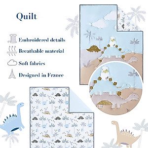 Dinosaur Crib Bedding Set for Boys, Crib Set for Boys includes - Dino Blanket, 2 Fitted Sheets, Pillowcase, Crib Skirt, Nursery Organizer - Dino Theme, Blue-White, 6 Piece boy crib bedding set