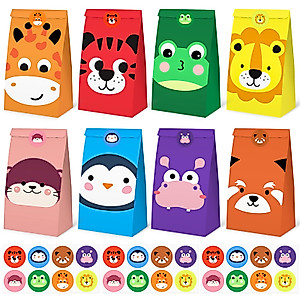 JOHOUSE 24PCS Animal Party Favor Bags, Paper Gift Bags with Stickers Goodie Bags Candy Treat Bags for Kids Party Supplies Birthday