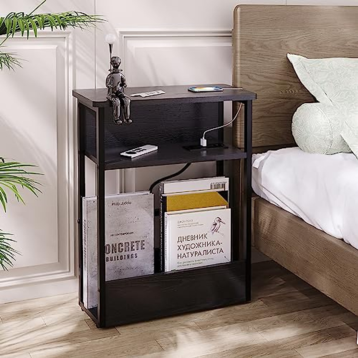 GGWEW Narrow Side Table with Charging Station, 3 Tier Slim End Table for Small Spaces, 23.6 Inch Height Thin Tables with Storage Shelf and Magazine Rack for Living Room, Black