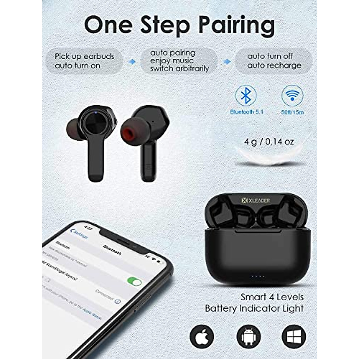 XLEADER Touch Wireless Earbuds, ENC Bluetooth Earphones, SoundAngel Pro Deep Bass up Small Headphones with Microphone and Mini Smart Charging Case USB-C Quick Charge IPX8 Waterproof, for iPhone Work