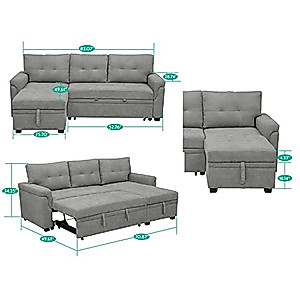 Perry Modern Sectional Sleeper Sofa with Pull Out Bed, Reversible Sleeper Sectional Sofa Bed, Best Sleeper Sofa Couch with 168L Storage, L-Shape Pull Out Couch Bed Sleeper Sofa - Gray,Velvet
