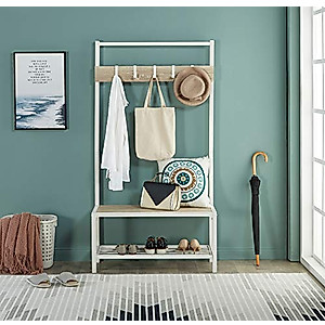 HOMISSUE Modern Style 2 Shelf Hall Tree with Storage Bench, Light Oak Bench and Lower Shelf with White Steel Frame, Entryway Shoe Rack with 5 Hooks for Garments