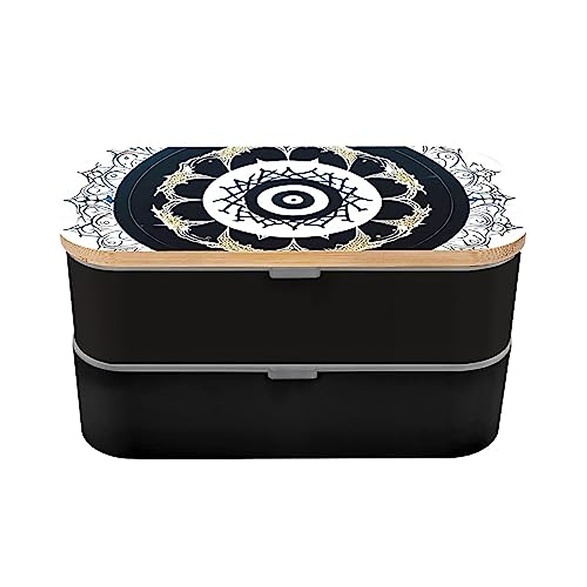 Black And White Round Totem Adult Lunch Box, Bento Box, With Cutlery Set Of 3, 2 Compartments, Rectangular, Lunch Box For Adults