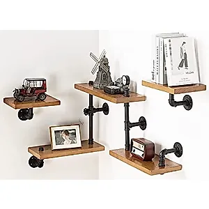 Industrial Rustic Modern Wood Ladder Pipe Wall Mounted Floating Shelves - Set of 3 Bookshelf,DIY Storage Shelving,Hung Bracket,Bookcase (Set of 3 Ladder Shelves)