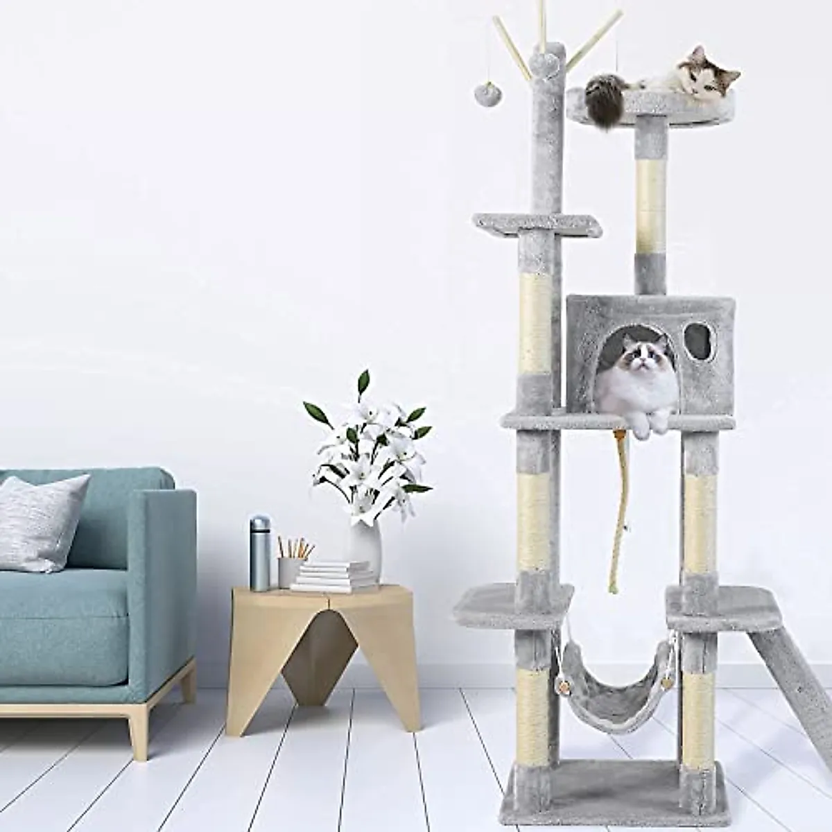 JOYO Cat Tree for Indoor Cats, 65.5 Inches Multi-Level Cat Tower Cat Tree with Hammock, Scratching Posts, Top Perch, Ladder, Cat Activity Tree Cat Condo with Toys, Cat Climbing Tower for Kitten Play