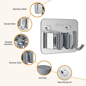 XCIXCI 4 Pack Stainless Steel Mop and Broom Holder Wall Mount with Hook, Screw Drilling Mop and Broom Hanger, Single Heavy Duty Storage Rack for Laundry Garage Closet Garden Tool Organizer, Silver