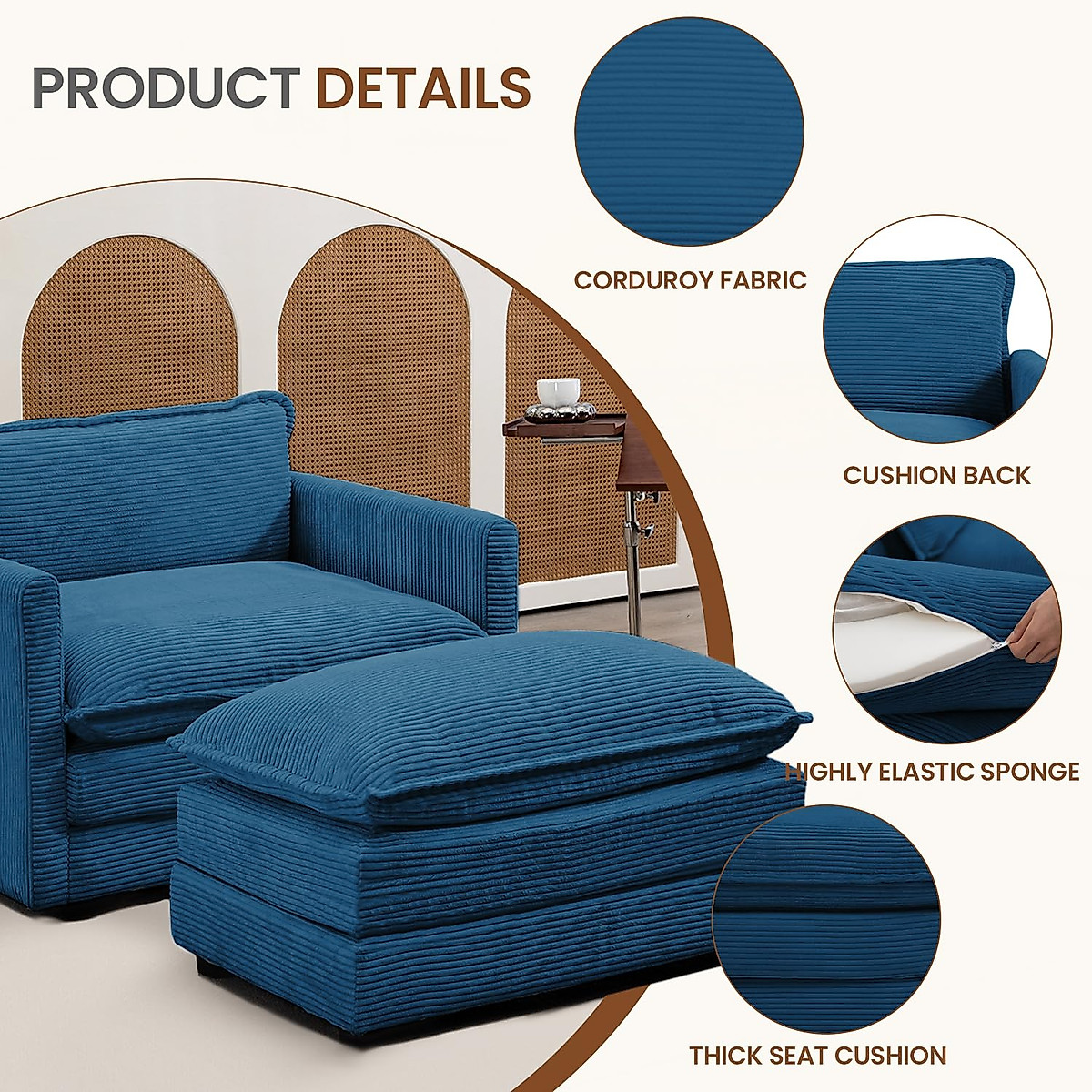 ROWHY Single Armchair with Ottoman, Modern Corduroy Cloud Couch with Convertible Chaise, Upholstered Sofa Set for Living Room and Office, Blue