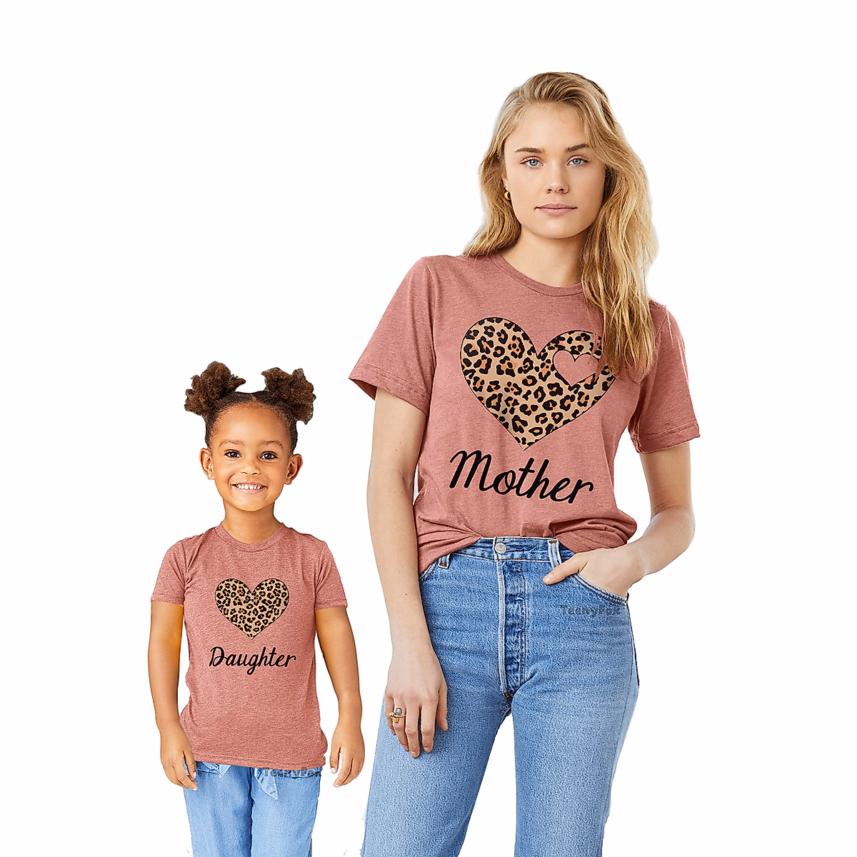 Teeny Fox Leopard Heart Mother Daughter Matching Outfits Mom and Me Cute Family Shirts